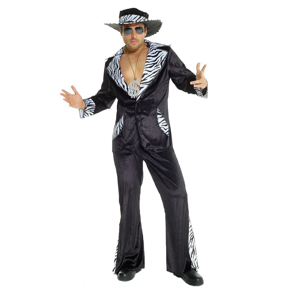 Mens Black PIMP DADDY Costume + Hat 1970s Big Daddy Velvet Suit ...