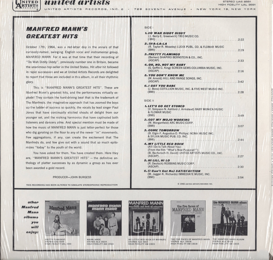 Manfred Mann - Greatest Hits Original USA Pressing Album SEALED Stereo ...