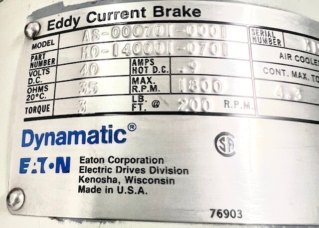 USED Dynamatic Eddy Current Brake, AS-000701-0001, MO-140001-0701, 40V ...