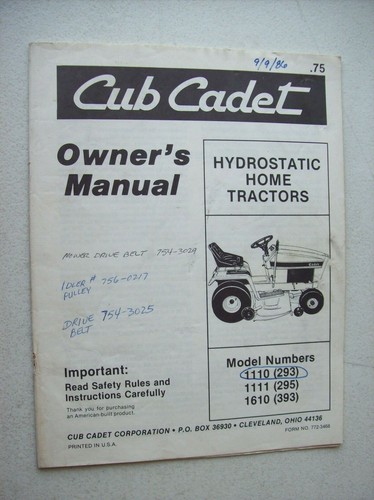 Original Cub Cadet ~ 1110 1111 1610 Hydrostatic Home Tractor ~ Owners ...