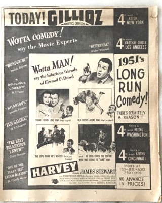 Large 1951 newspaper ad for movie Harvey - Jimmy Stewart & giant rabbit ...