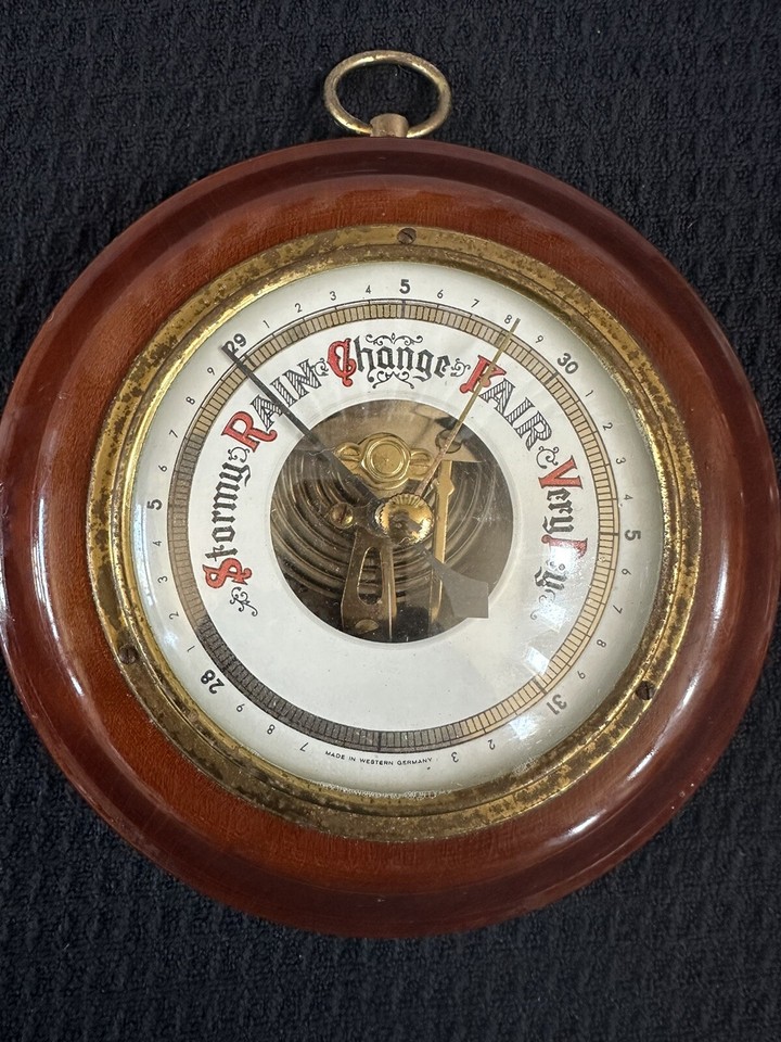 Vintage Barometer Round Wall Mount Wood/Brass Made in Western Germany ...