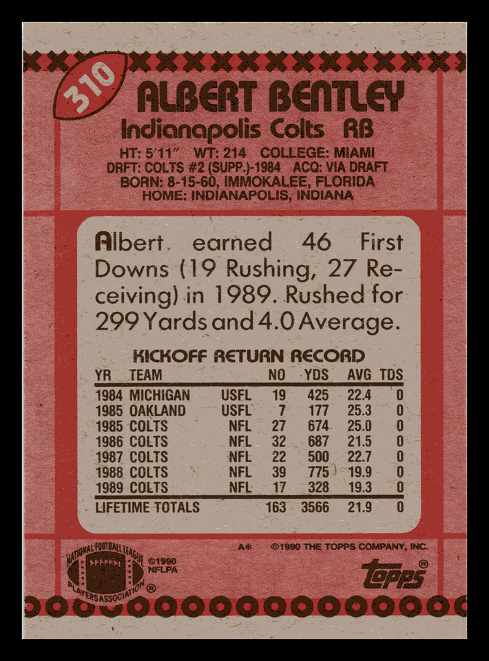 1990 Topps Albert Bentley Indianapolis Colts #310 NM-MINT | eBay