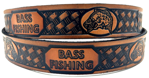 BASS FISHING ANGLER EMBOSSED GENUINE COWHIDE LEATHER BELT SIZE 26-48 ...