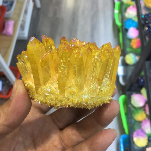 80g Natural Aura Yellow Titanium Quartz Crystal Cluster Energy Stone ...