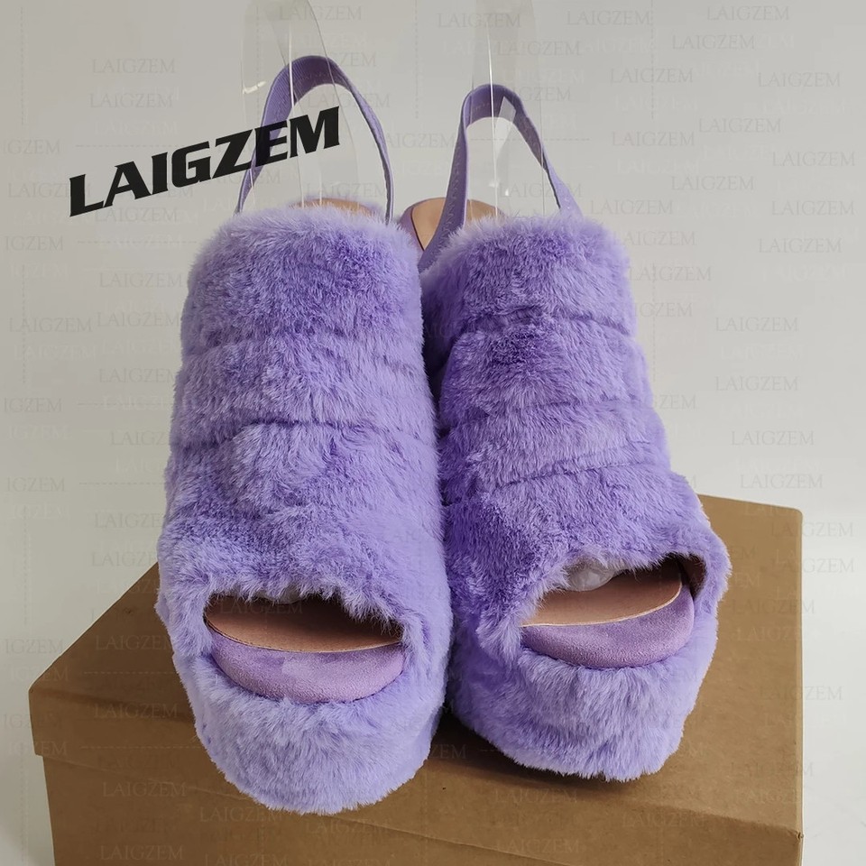 Women Sandals Fluffy Platform Wedges Peep Toe Slingbacks Handmade Pumps ...