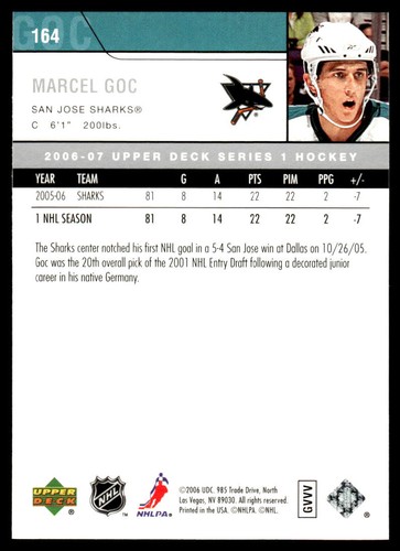 2006-07 Upper Deck #164 Marcel Goc San Jose Sharks Hockey Card | eBay