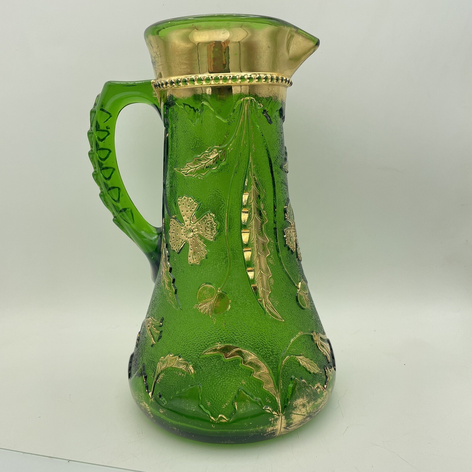 Vintage US Glass Emerald Green Delaware Pattern Stippled Glass Pitcher ...
