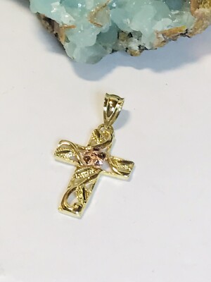 10K Solid Multi-color Gold Cross Pendant Rose Flower Filigree Sparkly ...
