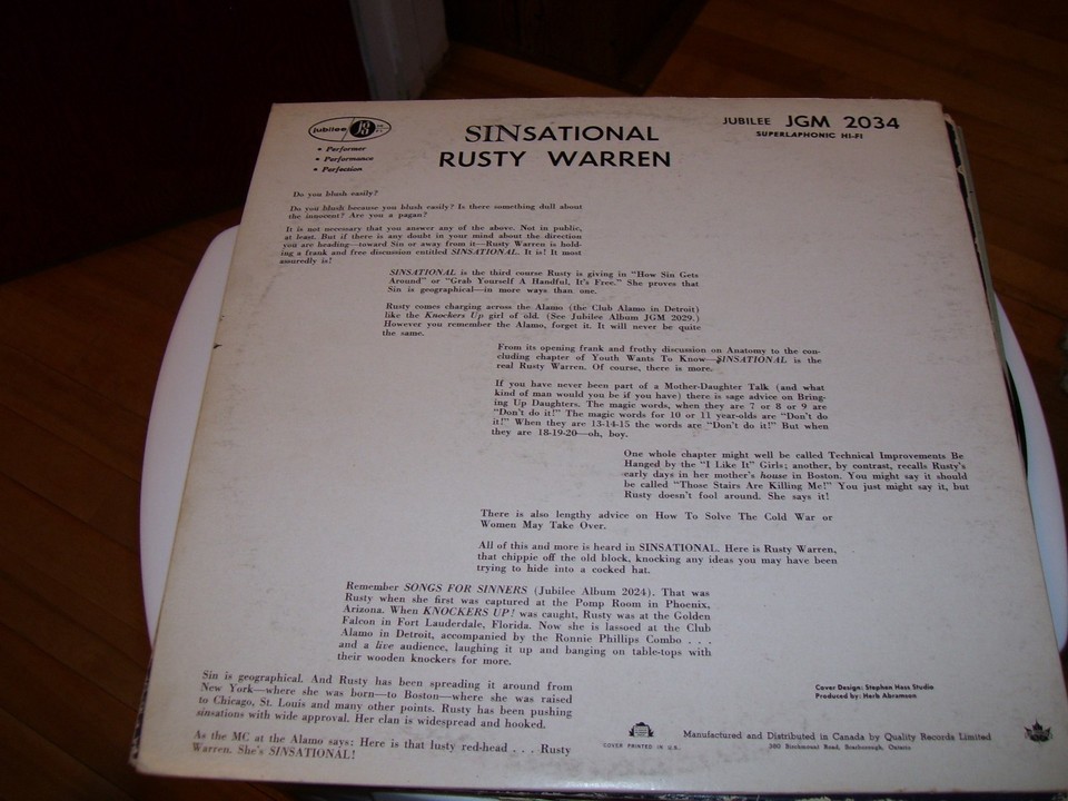 RUSTY WARREN-SINSATIONAL-LP-VG+-JUBILEE-ADULT COMEDY | eBay