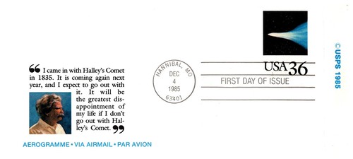 USPS Scott UC60 36c Mark Twain Halley's Comet First Day Issue ...