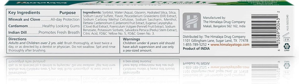 Himalaya Mint Fresh Gel Toothpaste, Fluoride Free to Reduce Plaque ...