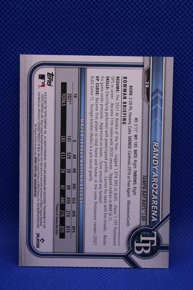 2022 Bowman Fuchsia Border /299 Randy Arozarena #79 Tampa Bay Rays SP ...
