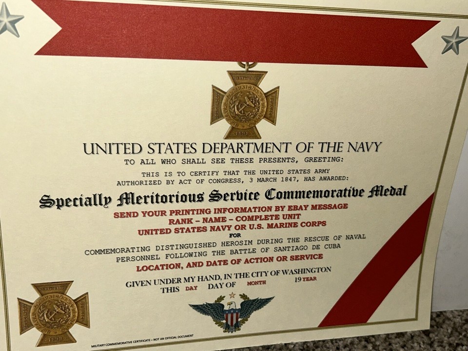 SPECIALLY MERITORIOUS SERVICE COMMEMORATIVE MEDAL CERTIFICATE ~ W ...