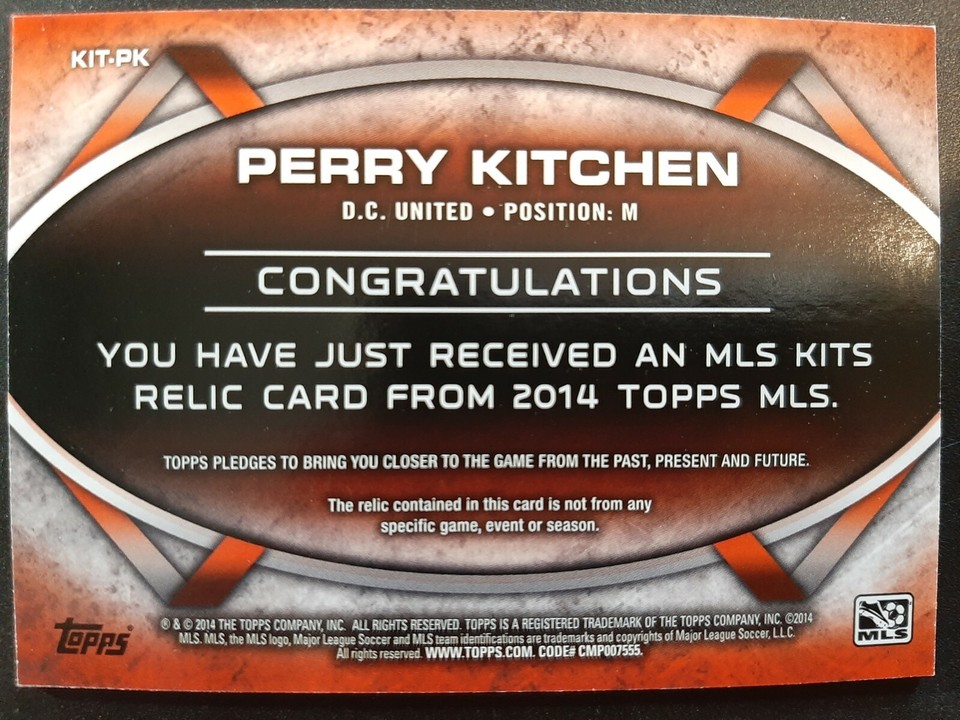 PERRY KITCHEN 2014 Topps MLS Kits Game Used PATCH Soccer Card D.C ...