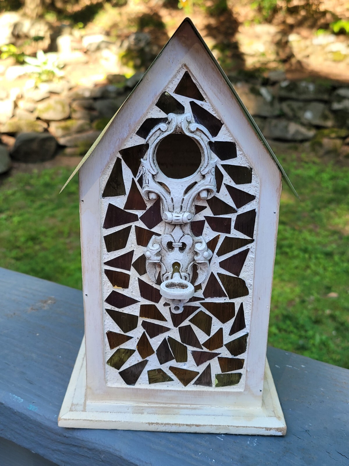 Tile Mosaic Birdhouse Whitewashed, tin roof, key hole perch, indoor ...
