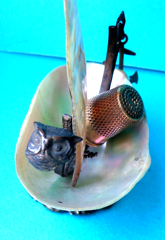 ANTIQUE SALING SHIP CHILDS THIMBLE STAND,OWL FACE FIGURE HEAD,BRASS ...