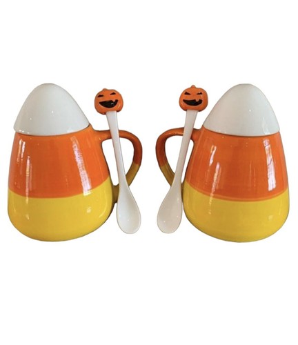 MR. HALLOWEEN Candy Corn Mugs Set of 2 with Pumpkin Spoons, Hot ...