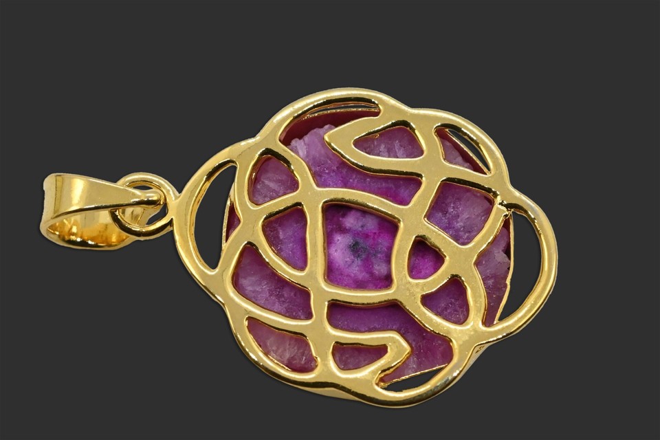 18k Gold Plated Brown Solar Druzy Pendant geometric Overlay Jewelry Sp ...