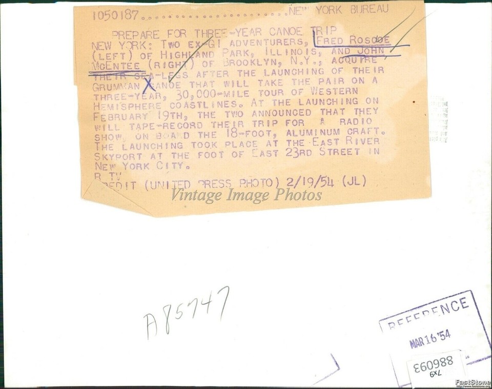 1954 Fred Roscoe & John Mcentee To Tour Coastlines On Canoe Travel 7X9 ...