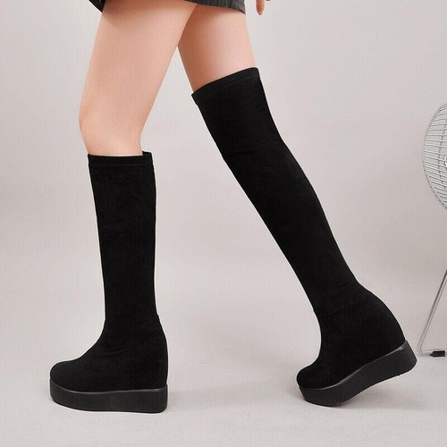 Womens Hidden Wedge Platform Heels Knee High Stretch Boots Creepers ...