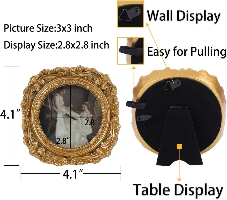 Small Vintage 3X3 Round Picture Frame Mini Antique Ornate Circle Photo ...