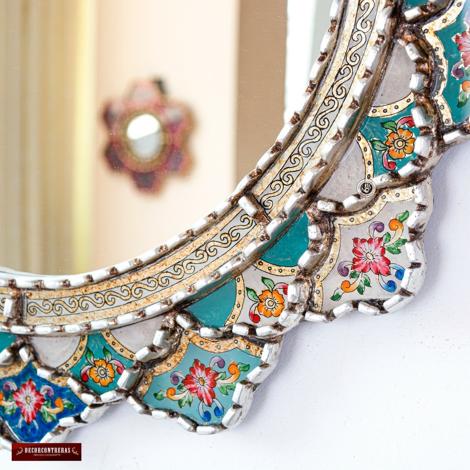 Decorative Round Mirror 23.6", Peruvian Painting on glass, Wall Accent ...