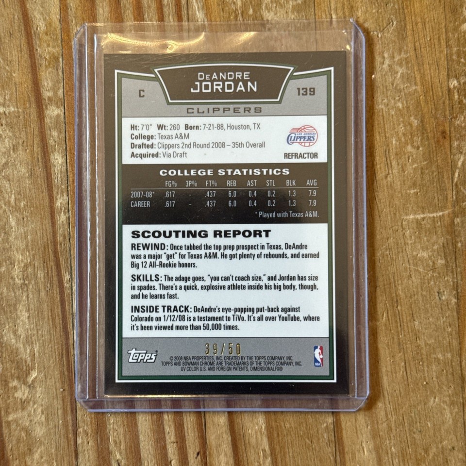 2008-09 Bowman Chrome #139 DeAndre Jordan Gold Rookie Refractor 39/50 ...