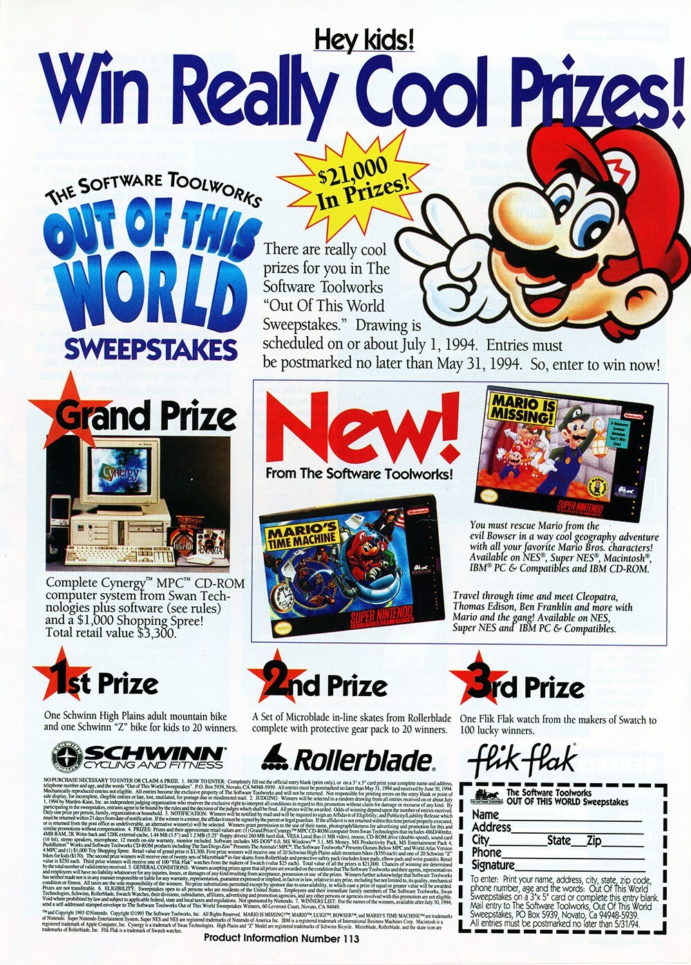 Mario Is Missing SNES Sweepstakes Original 1994 Ad Authentic Nintendo ...