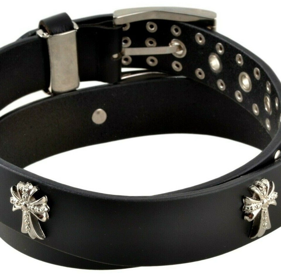 Black Leather Chrome Studded Unisex Belt With Crosses Metal Buckle ...