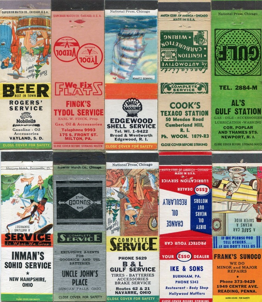 100 GASOLINE STATION FRONT STRIKE MATCHCOVERS - ALL BRAND NAME GASOLINE ...