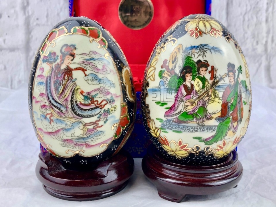Yin Lin Arts Treasures Of China Porcelain Eggs On Wooden Stands | eBay