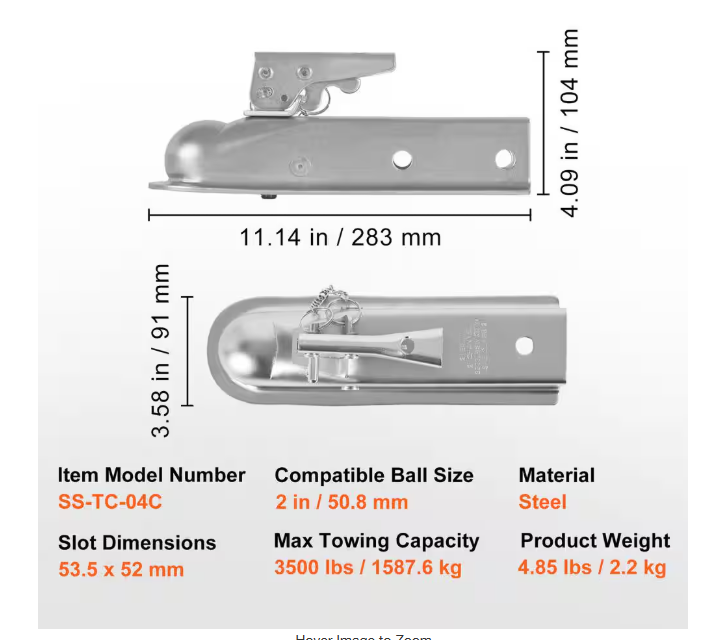 Straight Trailer Coupler, for 2in. Hitch Ball, 2in. Channel, 3,500 lbs ...