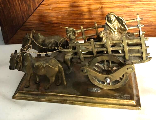Vintage Brass Ox Cart Pulled by Two Oxen with One Driver and One ...