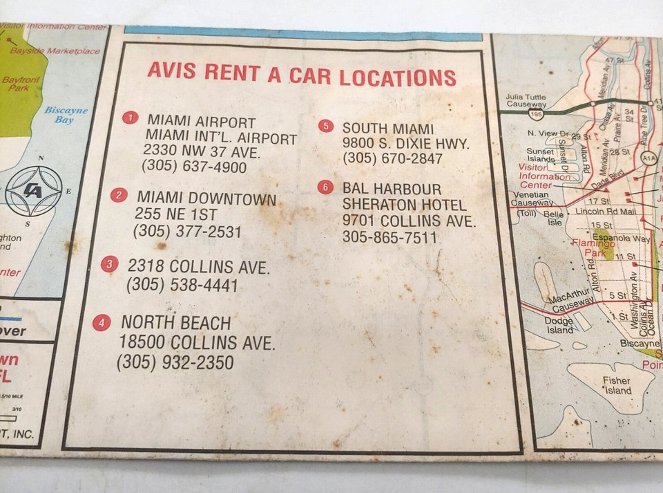 1995 Southern Florida Avis Rent A Car Locations Map | eBay