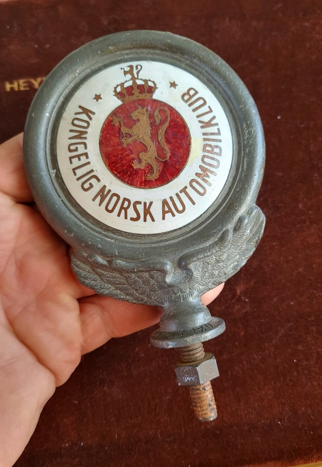 VINTAGE ENAMEL CAR MASCOT / HOOD ORNAMENT # ROYAL NORWAY AUTOMOBILE ...