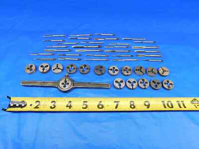 LOT OF HSS TAPS AND ROUND ADJUSTABLE THREAD DIES + STOCK HANDLE VARIOUS ...