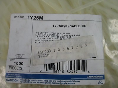Pack of 1000 Thomas and Betts TR TY25M CABLE TIE 50LB 7 NAT NYLO ...