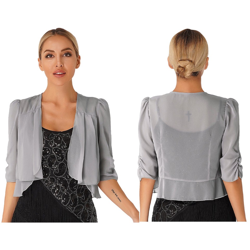 Women's Half Sleeve Ruffle Chiffon Bolero Shrug Cardigan Evening Dress ...