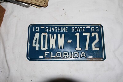 1963 Florida License Plate 63 FL No. 40WW-172 Hernando County LOW ...