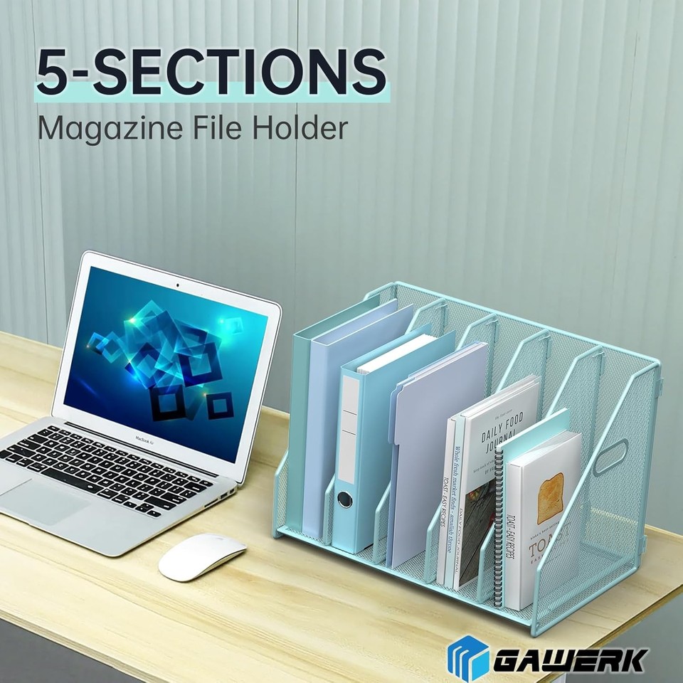 Desk File Organizer Metal Magazine Folder Holder with 5 Vertical Blue ...