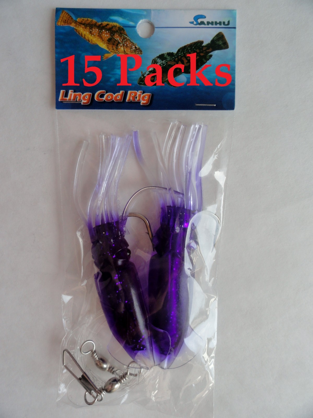15 packs 4.5" ling cod squid rigs purple two bulb rigged saltwater ...