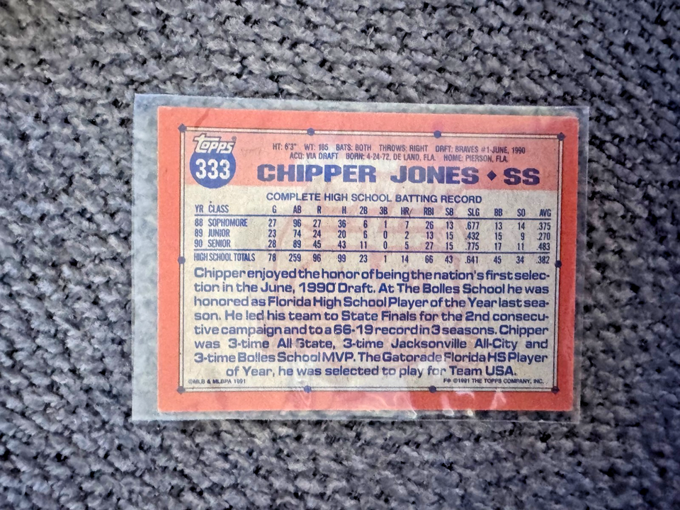 1991 Topps - Chipper Jones #333 (RC) #1 Draft Pick Baseball Card | eBay