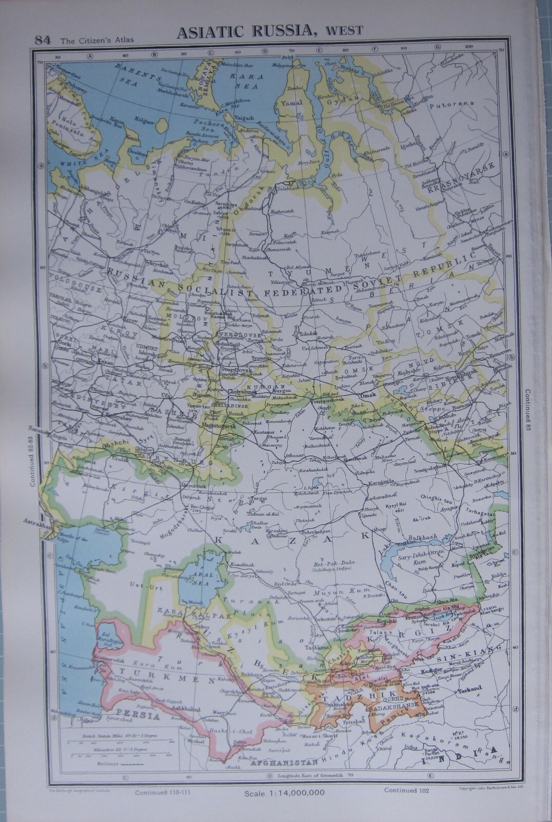 1952 MAP ASIATIC RUSSIA WEST KAZAK KURGAN SOCIALIST FEDERATED SOVIET ...
