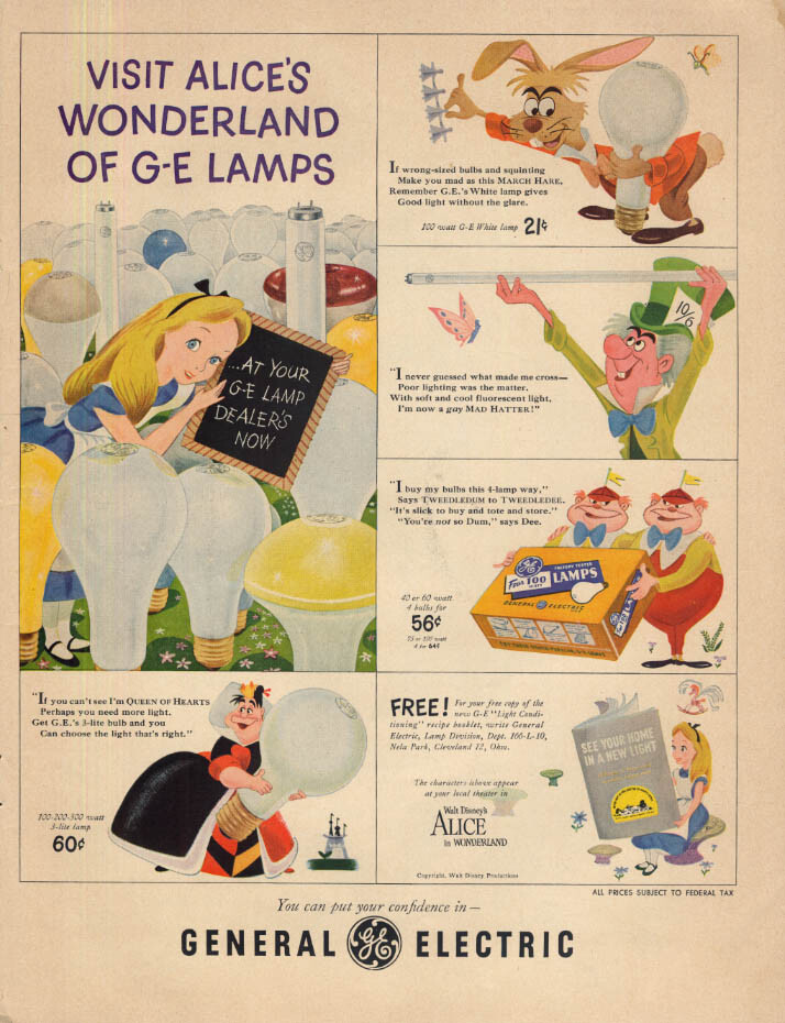 Walt Disney's Alice in Wonderland for General Electric GE Light Bulbs ...