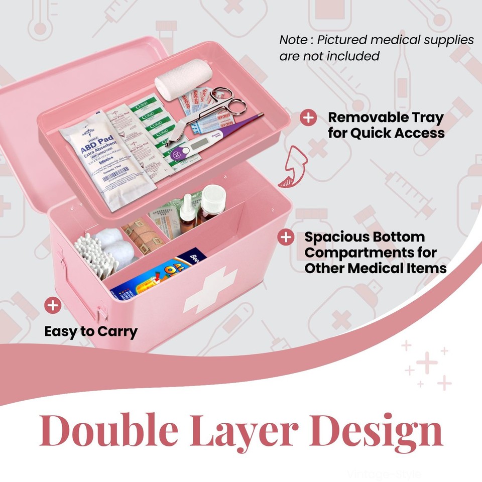 First Aid Box Organizer - Empty 13" Inch Pink Vintage First Aid Kit Tin ...