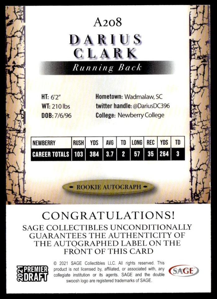 2021 SAGE Premier Draft #A208 Darius Clark Autographs Red Newberry ...