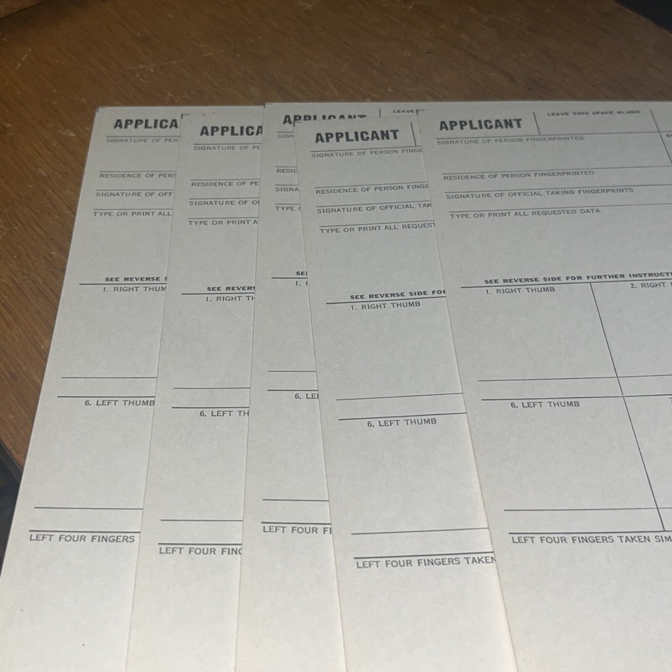 FBI Fingerprint Cards, Form FD-258 - 5 cards unused Vintage 1955 Blank ...