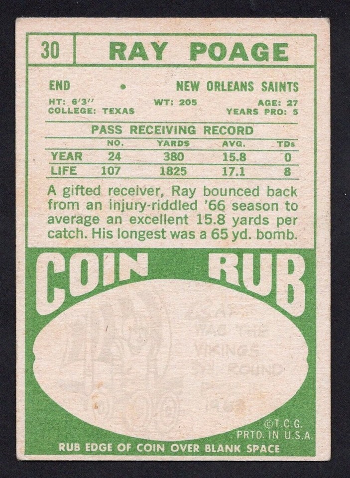 1968 Topps Football Card #30 Ray Poage New Orleans Saints VG+ *cc | eBay