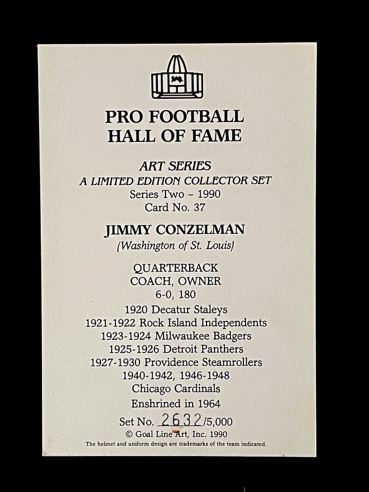 Jimmy Conzelman,QB, Coach, Owner - Limited Edition- Pre Owned Goal Line ...